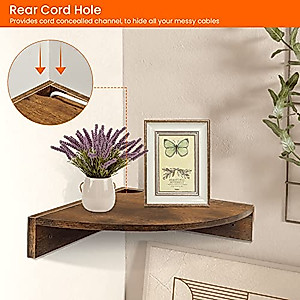Homode Corner Floating Shelves, Corner Wall Shelves with Cord Hole, Wood Wall Shelf for Storage and Dispaly, for Bathroom, Bedroom, Kitchen, Rustic Brown Black