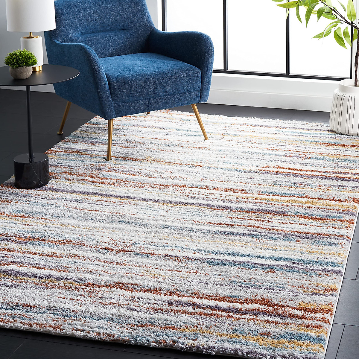 SAFAVIEH Berber Shag Collection Area Rug - 8' x 10', Blue Rust & Ivory, Stripe Design, Non-Shedding & Easy Care, 1.25-inch Thick Ideal for High Traffic Areas in Living Room, Bedroom (BER565A)