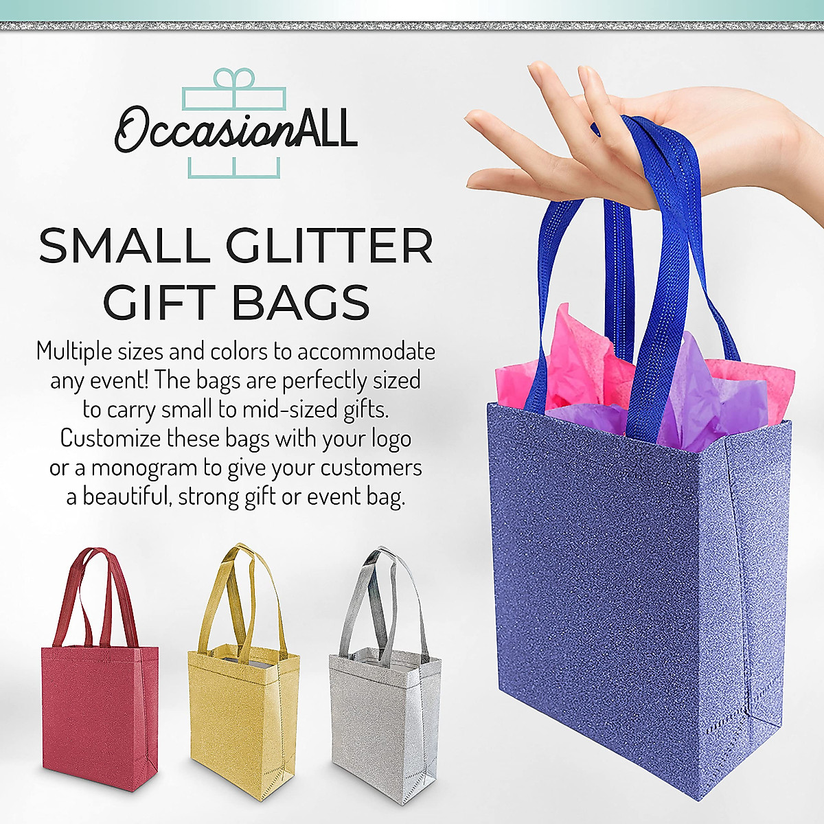 Blue Gift Bags - 12 Pack Medium Blue Reusable Gift Bag Tote with Handles, Glitter Metallic Bling Shimmer, Eco Friendly for Kids Birthday Parties, Bridesmaids, Party Favors, Grocery Shopping - 8x4x10