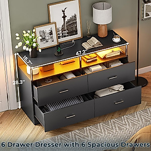 AOGLLATI Black Dresser for Bedroom with 4 Drawers,Dressers & Chests of Drawers with Column Design & Charging Station, Modern Bedroom Led Long Dresser for Bedroom Closet
