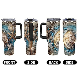 LPSADGF Ocean Shell Art Insulated Stainless Steel Travel Mug, 40 Oz Tumbler with Handle And Straw Double-Wall Vacuum Coffee Cup, Leak-Proof Lid, Keeps Drinks Hot/Cold for Hours