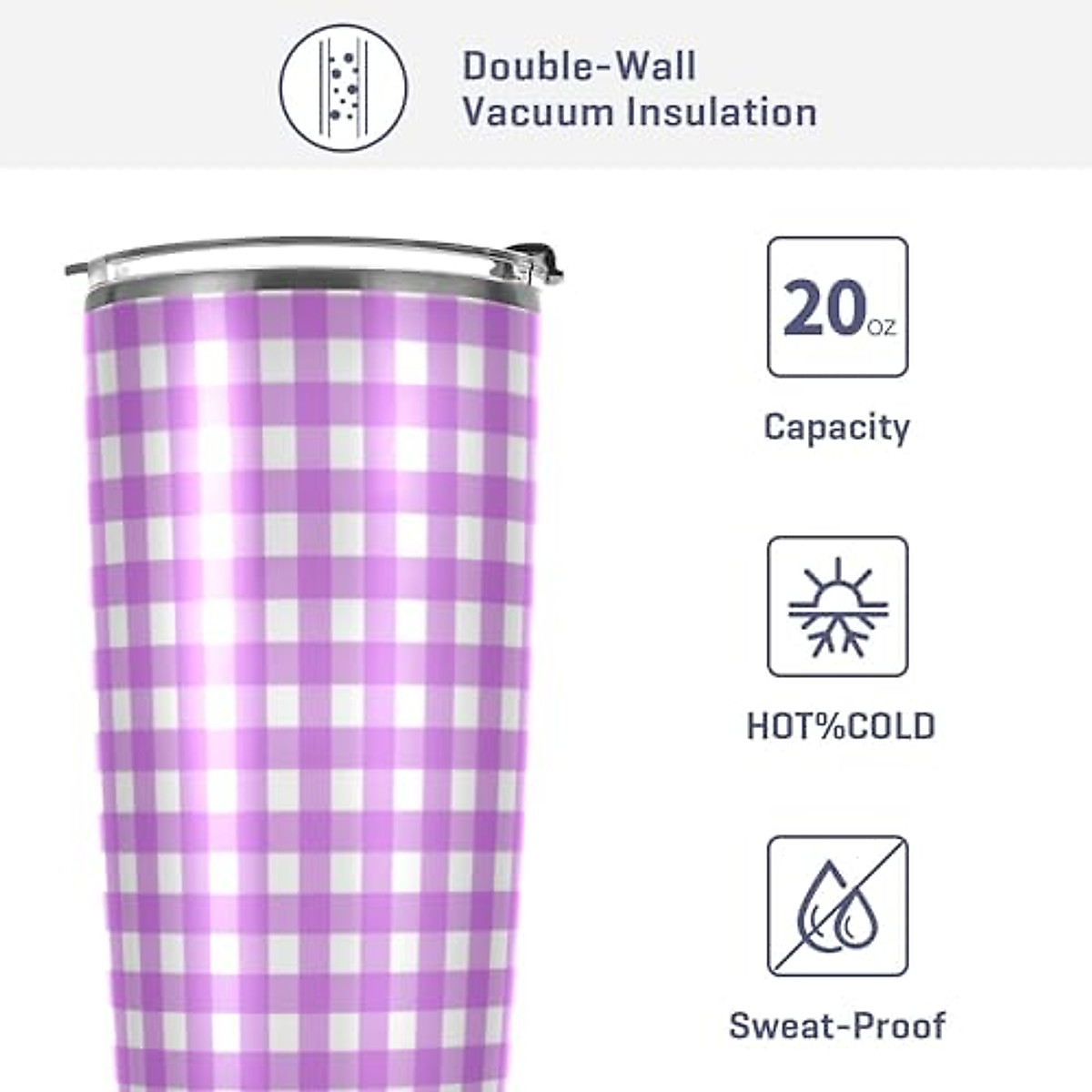Purple and White Checkered Stainless Steel vacuum insulated water bottle with Lid and Straw coffee travel mug 20oz for Water, Iced Tea or Coffee leakproof tumblers with lids botellas para agua