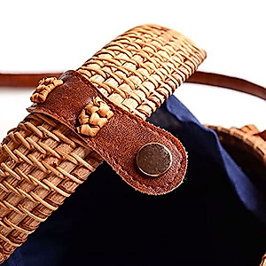 Daisy Lucky W Hand-woven round rattan bag PU leather shoulder strap Beach grass woven messenger women's bag Ladies Bohemian handbag Pure natural hand-made rattan woven wallet (Leather buckle)