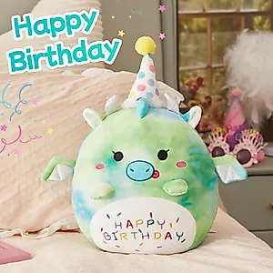 BSTAOFY 15'' Cute Happy Birthday Dinosaur Soft Plush Pillow Green Dinosaur Birthday Stuffed Animal Gifts for Boys Girls Baby Kids