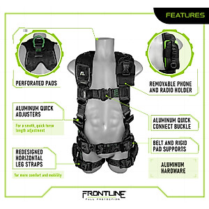 FRONTLINE FALL PROTECTION 250CTB Elite™ Construction Harness | Aluminum Hardware | Suspension Trauma Straps | Reflective Trim| Perforated Pads| OSHA&ANSI (Size:M/L)