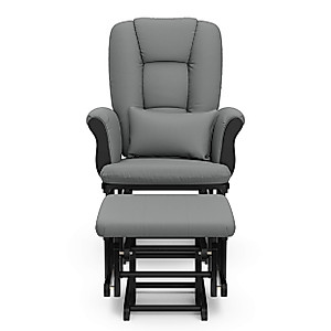 Storkcraft Tuscany Custom Glider and Ottoman with Free Lumbar Pillow, Black/Grey, Cleanable Upholstered Comfort Rocking Nursery Chair with Ottoman, Metal