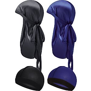 4 Pieces Kids Silky Durag with Wave Caps Set Unisex Baby Durags Long Tail and Wide Strap Headwraps Turban Beanies (Black, Navy Blue)