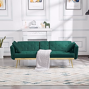Eafurn Convertible Futon Sofa Bed with 2 Cup Holders, Modern Velvet Split-Back Folding Loveseat Sleeper Couches w/Adjustable Tufted Backrest,Square Armrest Sofabed, Dark Green 72.4" with 2 Pillows