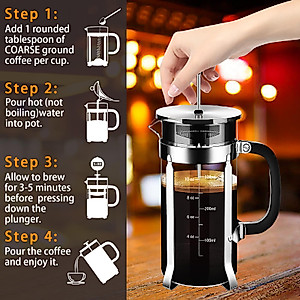 YMMIND French Press Coffee Maker 12oz 304 Stainless Steel Coffee Press,with 4 Filters System, Heat Resistant Thickness Borosilicate French Press Glass, BPA-Free Brewed Tea Pot Coffee Plunger