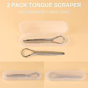 Stainless Steel Tongue scraper for Adults and Kids, Fights Bad Breath, 2 Pack Tongue Cleaner with Travel Case, Great for Oral Care, Non-Synthetic Metal Handle, Easy to Clean