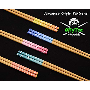 OMyTea Chopsticks Reusable - Japanese Bamboo Chopsticks 5 Pairs Gift Sets, 8.9 Inch/22.5cm, for Sushi, Ramen, Noodles, Rice, Camping, Travel (Sakura)