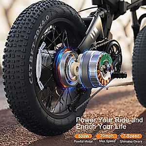 Wooken Electric Bike, 20'' Fat Tire for Adults, 500W Folding with 48V 10Ah Battery, Shimano 7 Speed Gears, Dual Shock Absorber, 20MPH Ebike Commute Mountain Beach Snow.