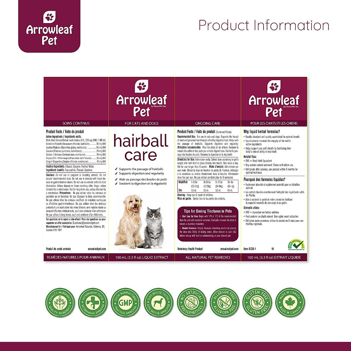 Arrowleaf Pet Hairball Care by NaturPet Inc | Digestive Support for Cats and Dogs | Hairballs, Constipation, Intestinal Discomfort | 100mL Herbal Tincture