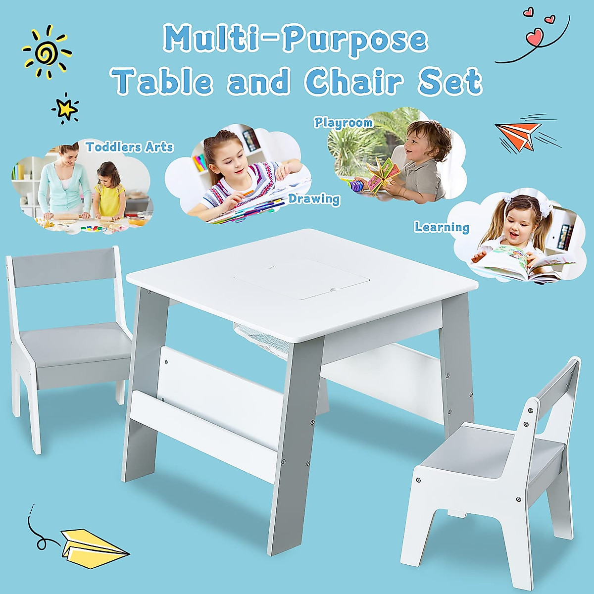 Anxious monkey Kids Table and Chairs Set, 2 in 1 Desk with Storage Space Wooden Activity Tabletop for Kids, Unique, Sturdy Children Table and Chairs Set for Reading, Drawing, Playroom, Gift for Kids