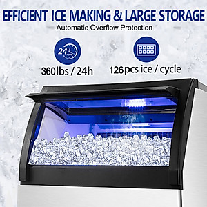 Commercial Ice Maker Machine 360LBS/24H with 77LBS Large Ice Storage Bin, 126Pcs Clear Ice Cubes in 11Mins, Stainless Steel Under Counter Industrial Ice Machine for Bar, Restaurant Business