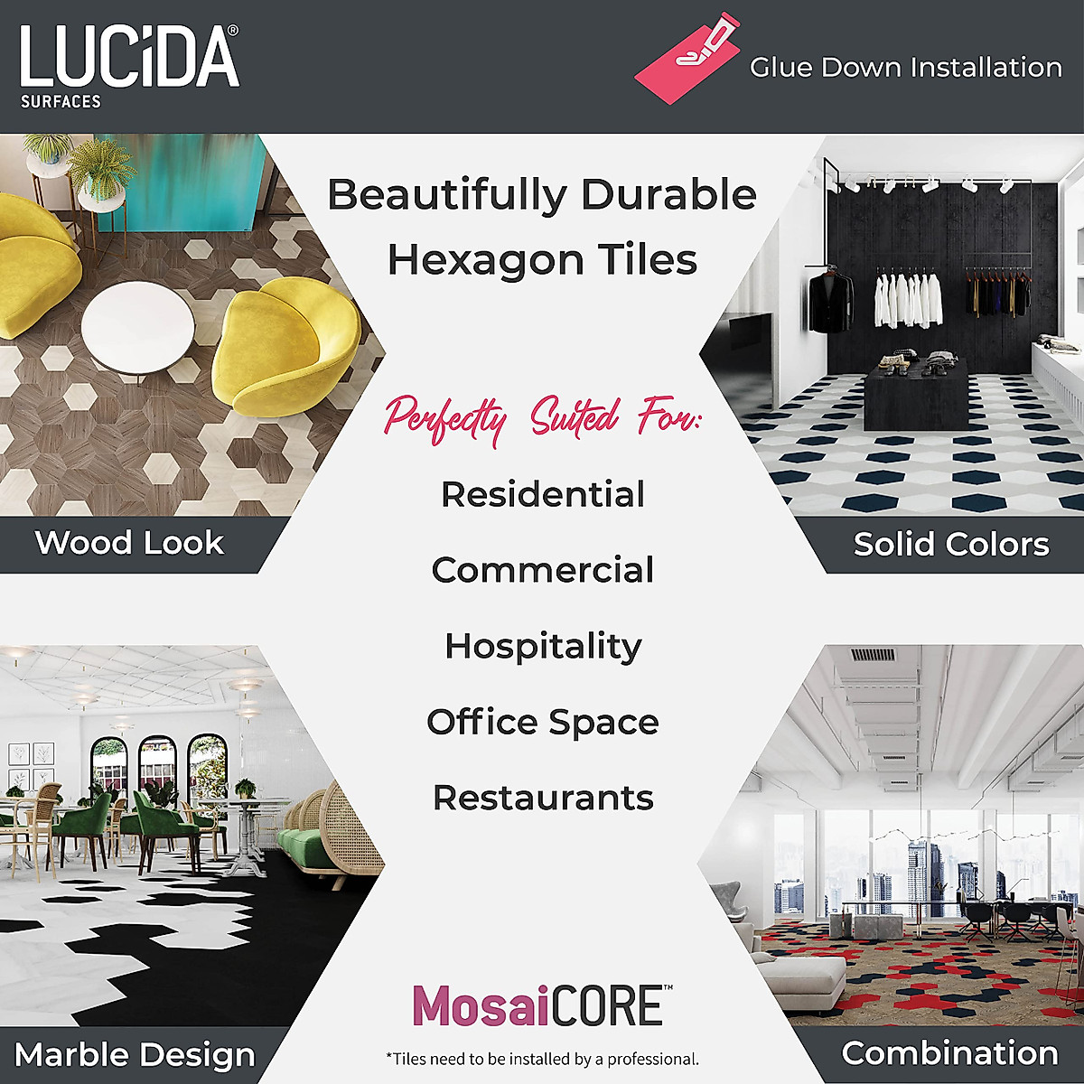 Lucida Surfaces Luxury Vinyl Floor Tiles | Glue Down Adhesive Flooring | Marble Look Hexagon Shaped Tile | MosaiCore | Single Sample Tile