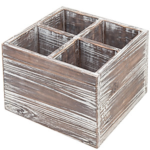 MyGift Rustic Torched Wood Square Cooking Utensil Holder for Kitchen Counter Organizer, Flatware Storage Caddy with 4 Divided Compartments