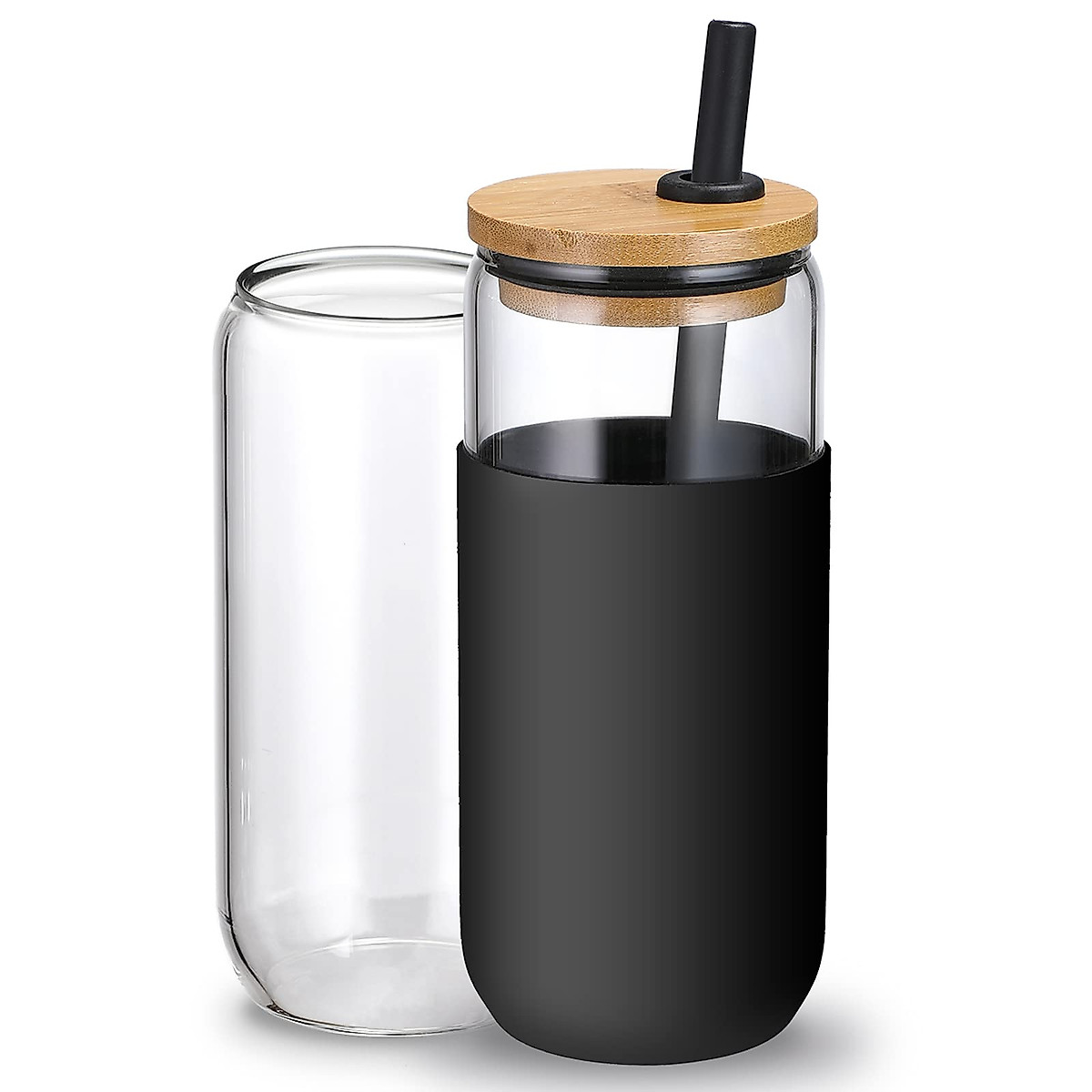20oz Glass Water Tumbler with Silicone Protective Sleeve - Beer Can Glass Cups with Straw and Bamboo Lid, Iced Coffee Glasses, Cute Drinking Glasses for, Water Smoothie, Boba Tea, Gift - Black