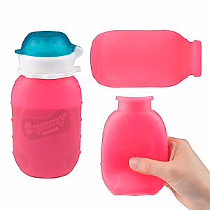 Pink 6 oz Squeasy Snacker Spill Proof Silicone Reusable Food Pouch - for Both Soft Foods and Liquids - Water, Apple Sauce, Yogurt, Smoothies, Baby Food - Dishwasher Safe