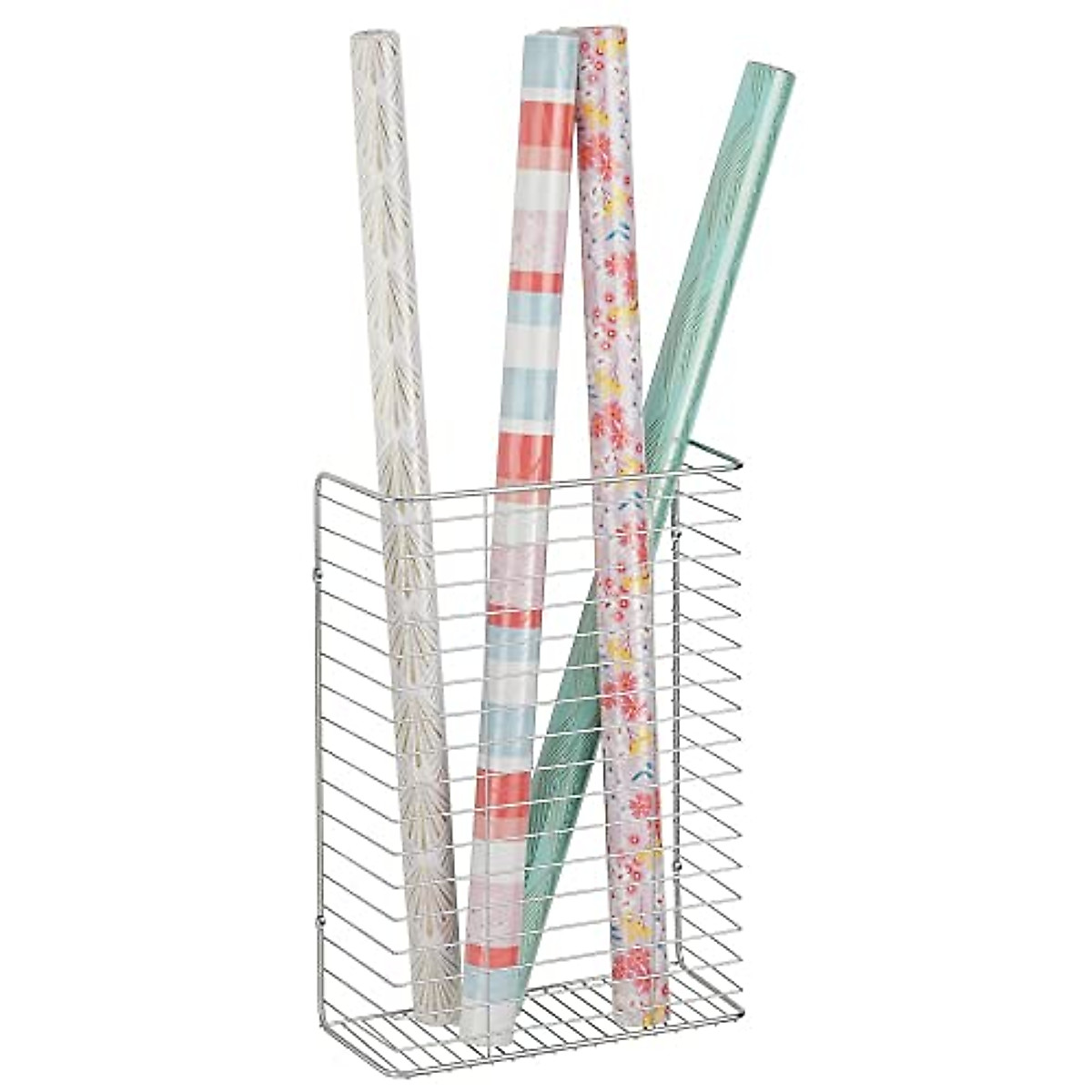 mDesign Metal Wire Wall Mount Storage Organizer for Holiday/Celebration Gift Wrap and Bows - Hang in Closet, Basement, Craft Room, Laundry Room, Garage - 2 Pack - Chrome