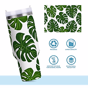 40 oz Green Monstera Leaf Insulated Tumbler with Handle, Stainless Steel Vacuum Water Bottles with Lid and Straw for Water, Iced Tea or Coffee