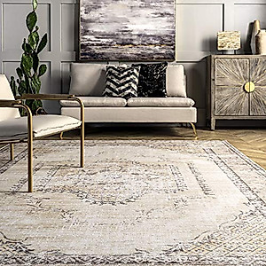 nuLOOM Glenda Machine Washable Faded Medallion Area Rug, 5' x 8', Light Grey