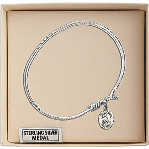 7 1/4 inch Oval Eye Hook Bangle Bracelet w/St. Gerard Majella in Sterling Silver