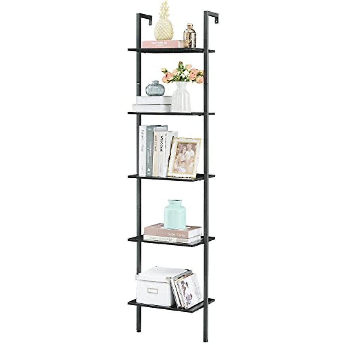 Tajsoon Industrial Bookcase, Ladder Shelf, 5-Tier Wood Wall Mounted Bookshelf with Stable Metal Frame, Open Display Rack for Bedroom, Home Office, Black