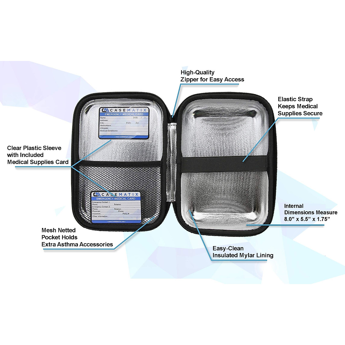 Casematix 8 Inch Insulated Asthma Inhaler Medicine Travel Bag Case Compatible with Inhaler Spacer, Masks and More, Includes Case Only