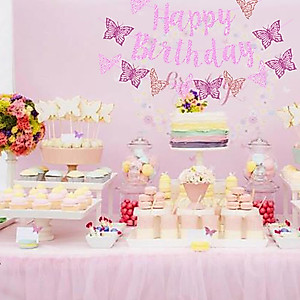 Vetwo Butterfly Birthday Decorations Pink Glitter Butterfly Happy Birthday Party Banner for Spring Butterfly Themed Gender Reveal Baby Shower 1st 2nd 3rd 4th Happy Birthday Party Supplies Decorations