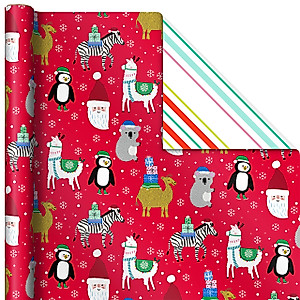Hallmark Trendy Reversible Christmas Wrapping Paper for Kids (3 Rolls: 120 sq. ft. ttl) Dinosaurs, Koalas, Polar Bears, Penguins, Camels, Zebras, Stripes
