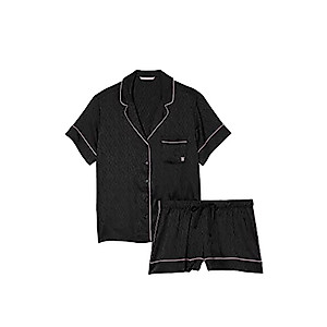 Victoria's Secret Silky Satin Two Piece Short Pajama Set, Satin Fabric, Unlined, Women's Pajamas, Black (XL)