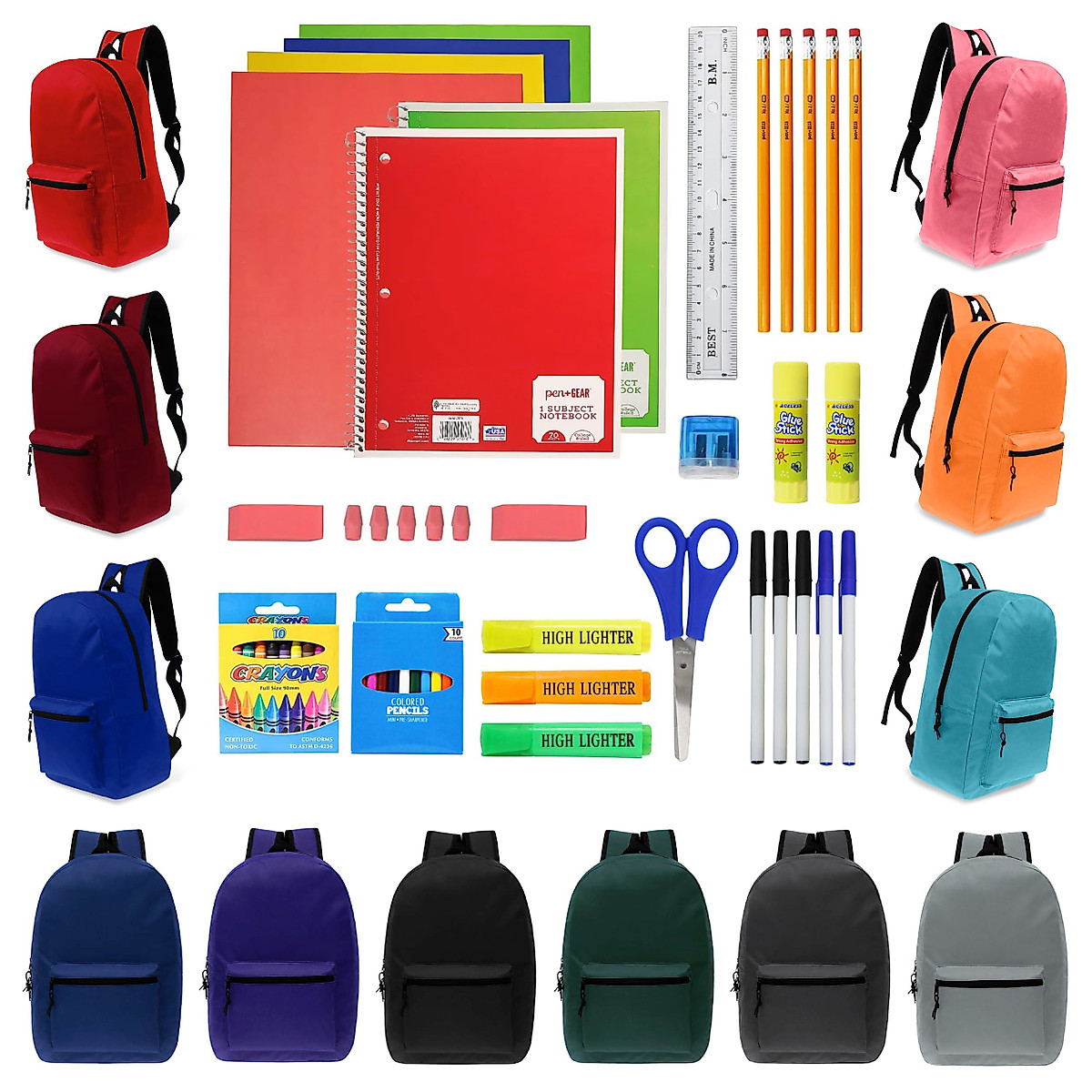 12-Pack 15" Backpacks with 52 Piece School Supplies Kits – Bulk Bundle Essential for Elementary, Middle, and High School Students, 12 Assorted Styles