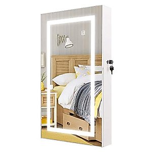 HollyHOME Lockable Jewelry Cabinet Armoire Wall Mount Touch Screen LED Light Mirrored Jewelry Cabinet Storage Organizer White