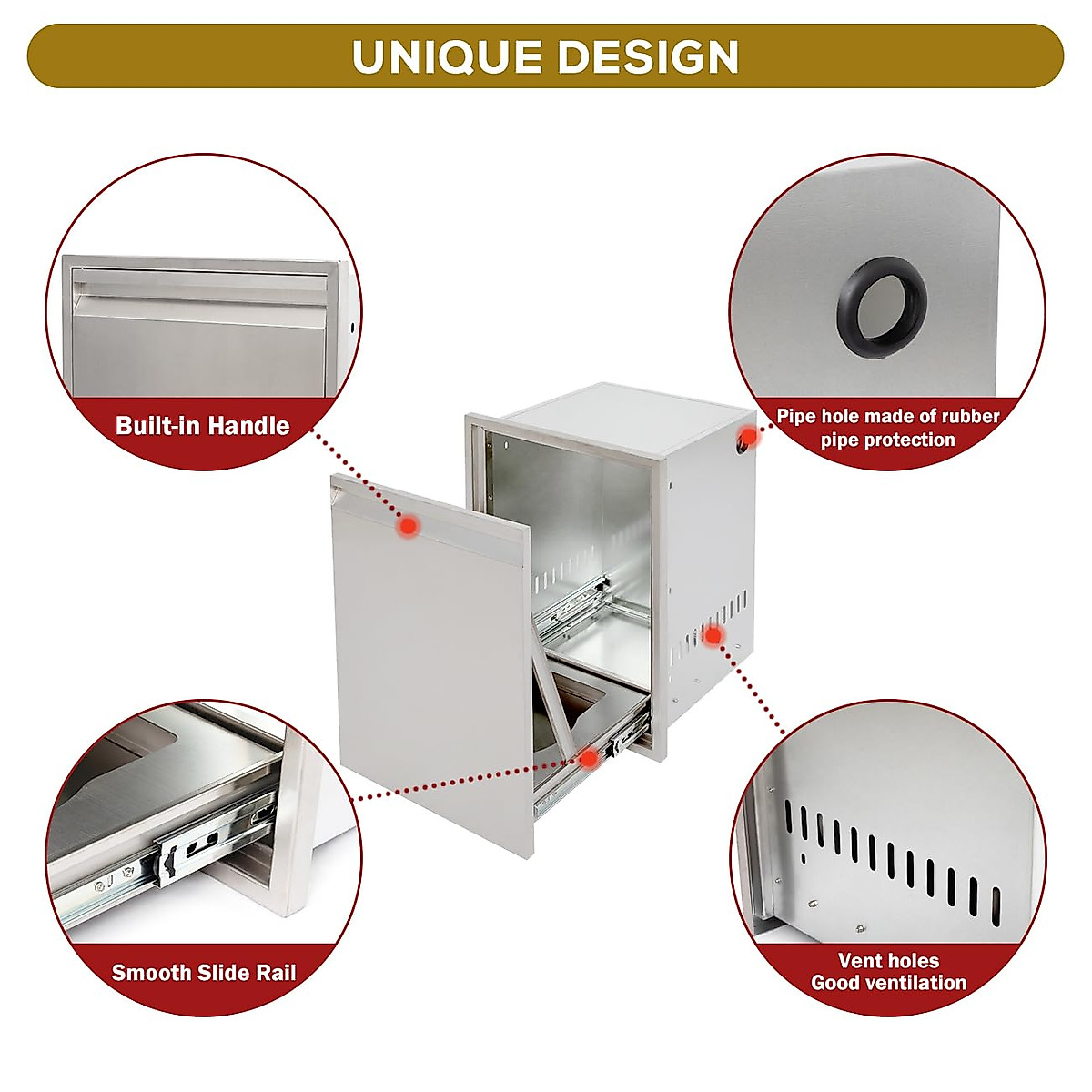 biosp Built-in Pull Out Trash Bin Propane Tank Drawer 19"" W x 27"" H x 16"", Outdoor Kitchen Lower Sliding Rails Stainless Steel Tray Storage for BBQ Island, Patio, Lawn, Garden, Yard, silver