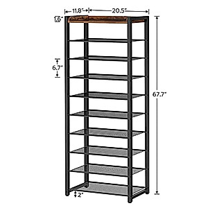 HOOBRO 10 Tier Shoe Rack, Narrow Shoe Storage Organizer with 9 Metal Shelves, Saving Space, Stable and Sturdy, Hold 18-27 Pairs of Shoes, for Entryway, Hallway, Living Room, Rustic Brown BF40XJ01