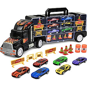 Click N' Play Truck Transport Carrier Toy for Boys and Girls, 15 Piece Hauler Truck with Cars, Road Signs, & More, Includes 28 Car Slots - Great Gift For Toddlers & Kids Age 3+, Black