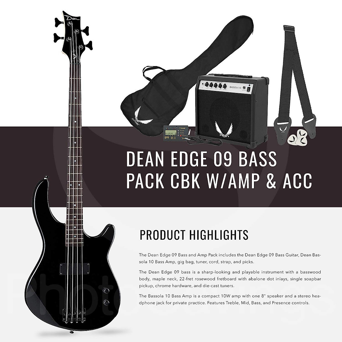 Dean Edge 09 Bass and Amp Pack - Black Dean Edge 09 Bass Guitar, Bass Amp, Gig Bag, Tuner, Cord, Strap, Picks + Guitar Care Kit Accessory Bundle