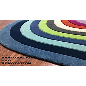 Restoration and Renovation Irregular Shaped Handmade Wool Rug | Modern Colourful Stripe Premium Area Rug Perfect for Home Decor (Blue Multi, 3' x 5')
