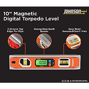 Johnson Level & Tool 1435-1000D Magnetic Programmable Digital Torpedo Level, 10", Orange, 1 Level