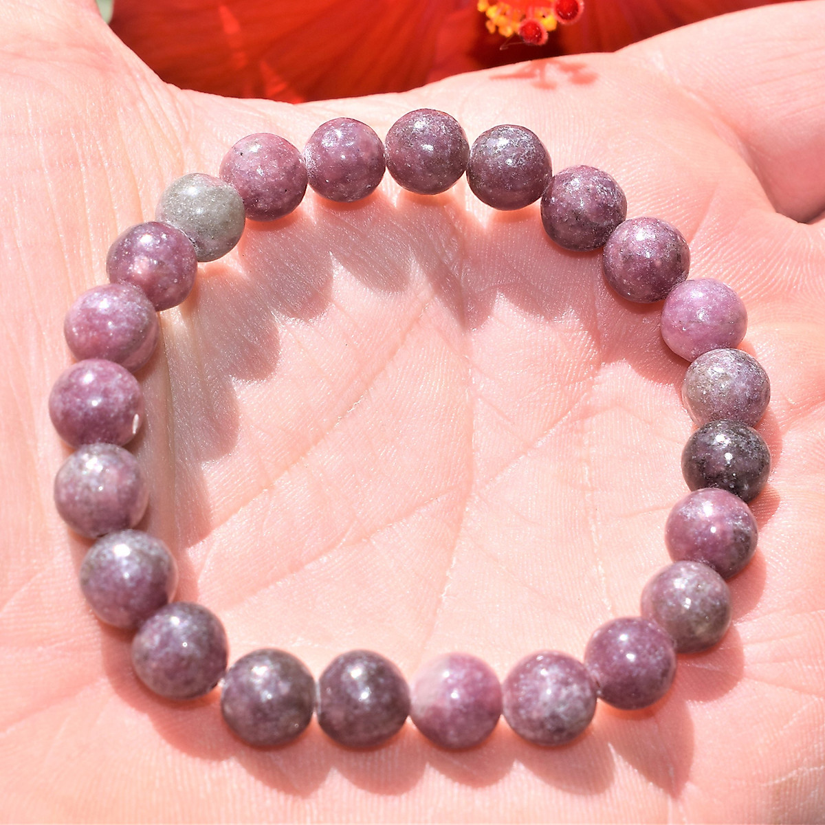 Zenergy Gems Charged Premium Natural Lepidolite Crystal 8mm Bead Bracelet + Moroccan Selenite Charging Crystal [Included]