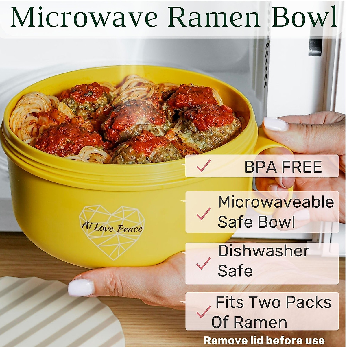 AI LOVE PEACE Microwave Ramen Bowl Microwavable Noodle Cooker with Lid for Dorm Room Essentials Instant Ramen Maker - BPA Free Microwave Safe Soup Bowls - Gifts for College Freshmen,Holiday Gift