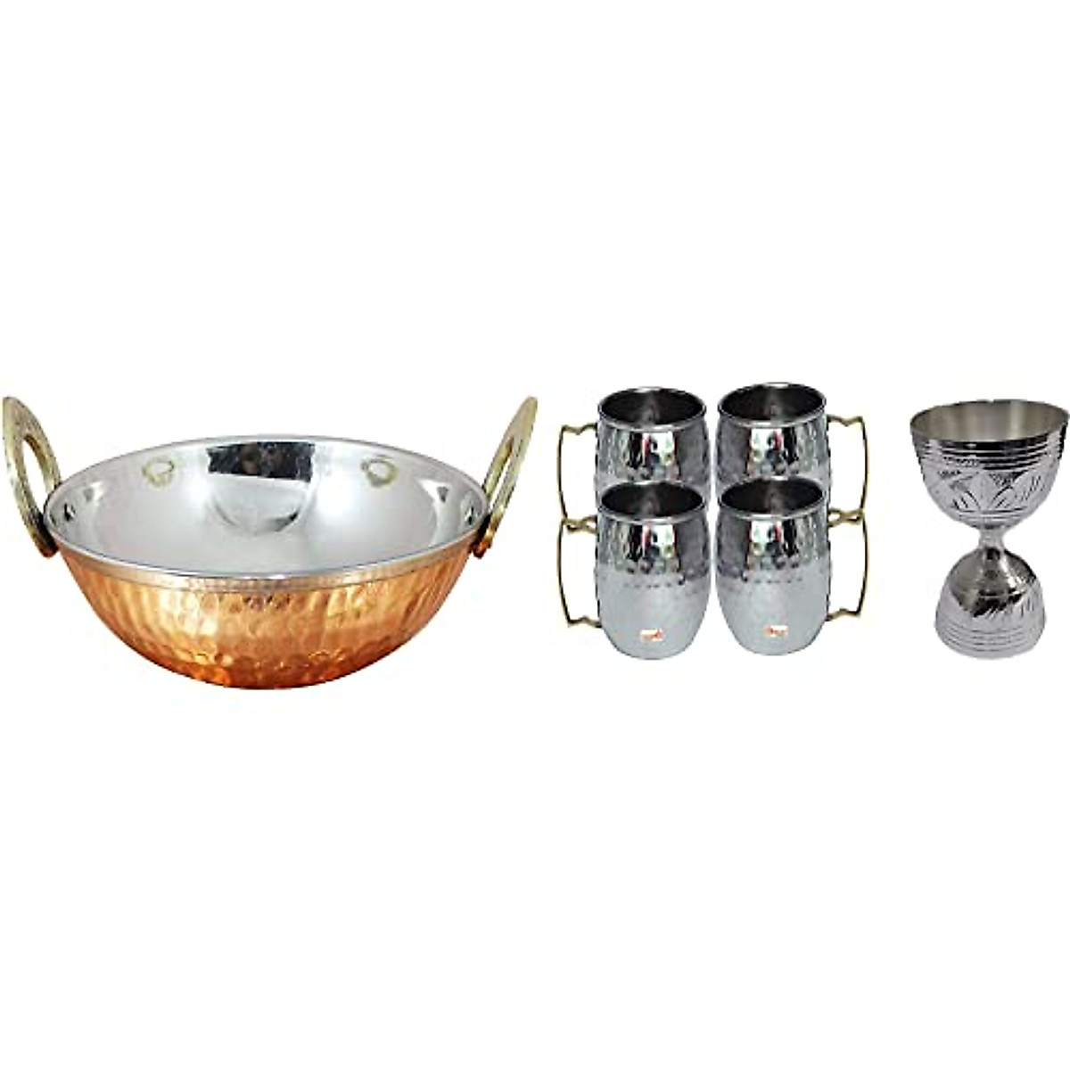 PARIJAT HANDICRAFT Stainless steel copper serving kadhai pan with steel mug and embossed brass shot jigger