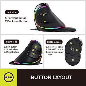 DeLUX Ergonomic Mouse, Wired Large RGB Vertical Mouse with 6 Buttons, 4000DPI, Removable Wrist Rest for Carpal Tunnel (M618Plus RGB-Wired)