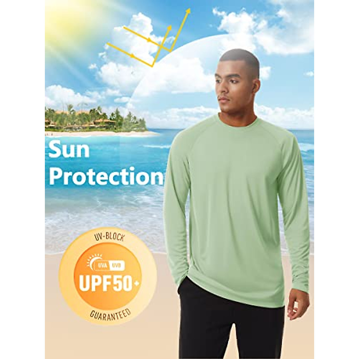 TACVASEN Men's UV Shirt Long Sleeve Swim Sun Protection Tops Running Shirts Outdoor Rash Guard Performance Tee Quick Dry Swimwear for Men Light Green