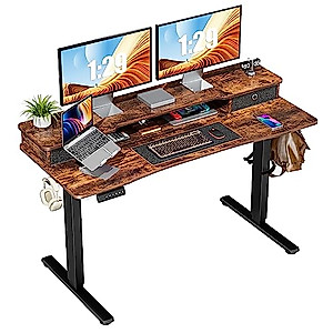 Sweetcrispy Electric Standing Desk Adjustable Height, 55 x 24 inch Stand up Sit Stand Desk with Drawers, Ergonomic Home Office Rising Table Computer Workstation with Storage Shelf, Rustic Brown