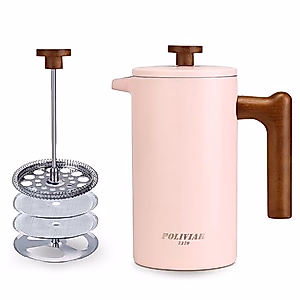 POLIVIAR French Press Coffee Maker, 34 Ounce Coffee Press with Real Wood Handle, Double Wall Insulation & Dual- Filter Screen, Food Grade Stainless Steel for Good Coffee and Tea JX2020-FPP