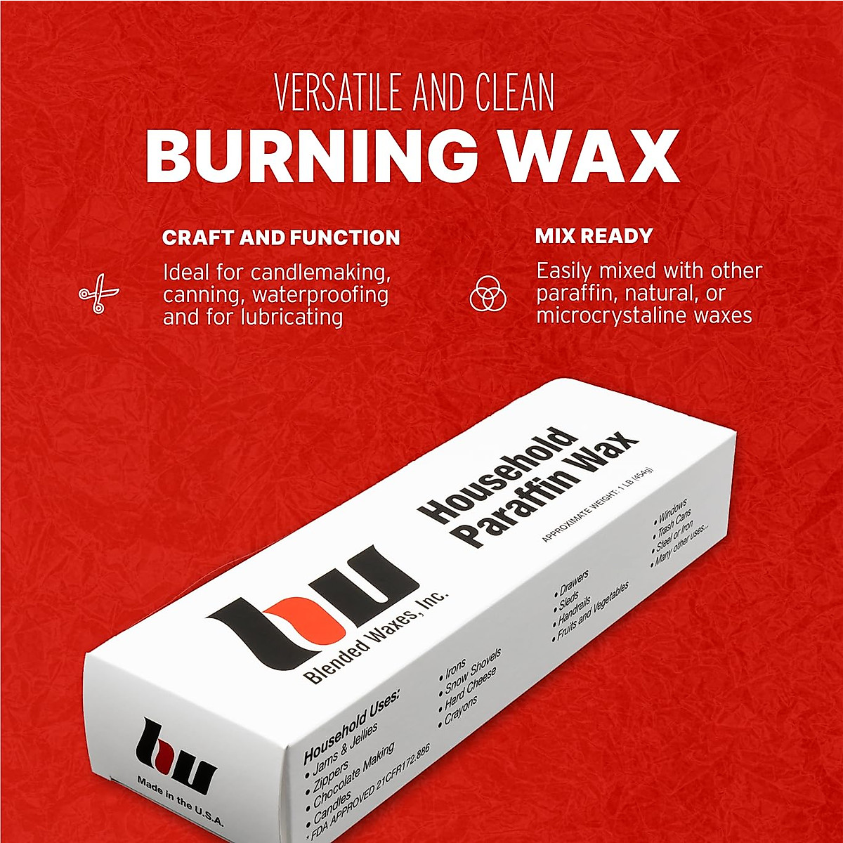Blended Waxes, Inc. 1 lb. Block - Household Paraffin Wax for Canning, Candle Making, Metal Preservation, Waterproofing, and A Variety of Other Applications (1lb. - 1 Block)