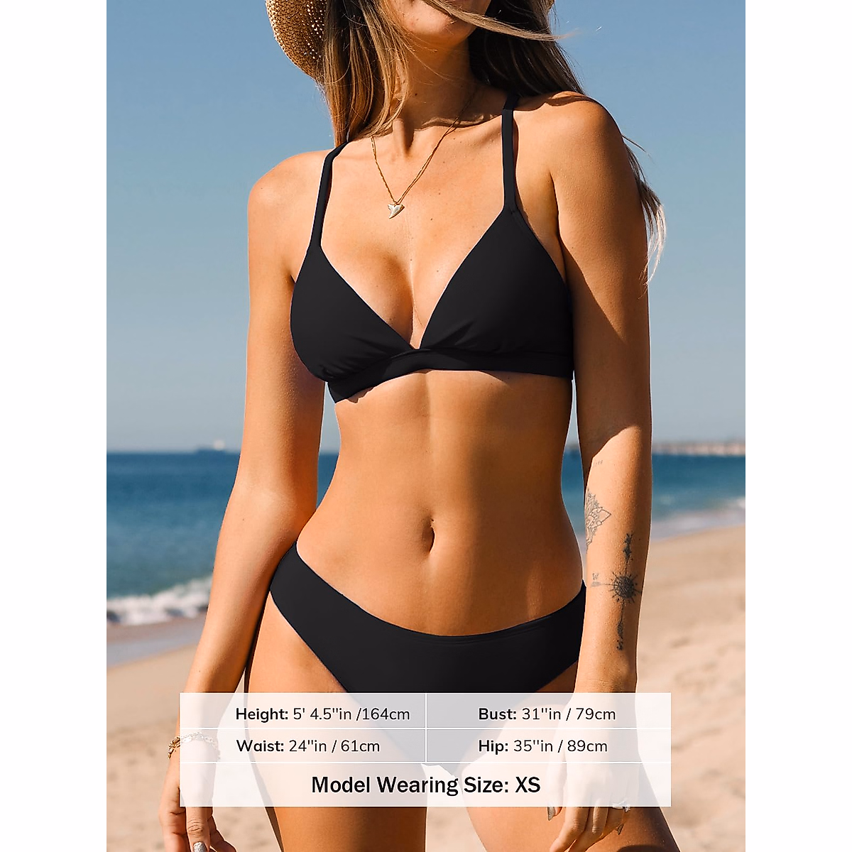 CUPSHE Bikini Set for Women Two Piece Swimsuits V Neck Low Rise Crisscross Back Self Tie Spaghetti Straps,M Black