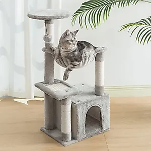 Kilodor Cat Tree, Small Cat Condo Tower with Hammock, Sisal Scratching Post for Kitten Grey